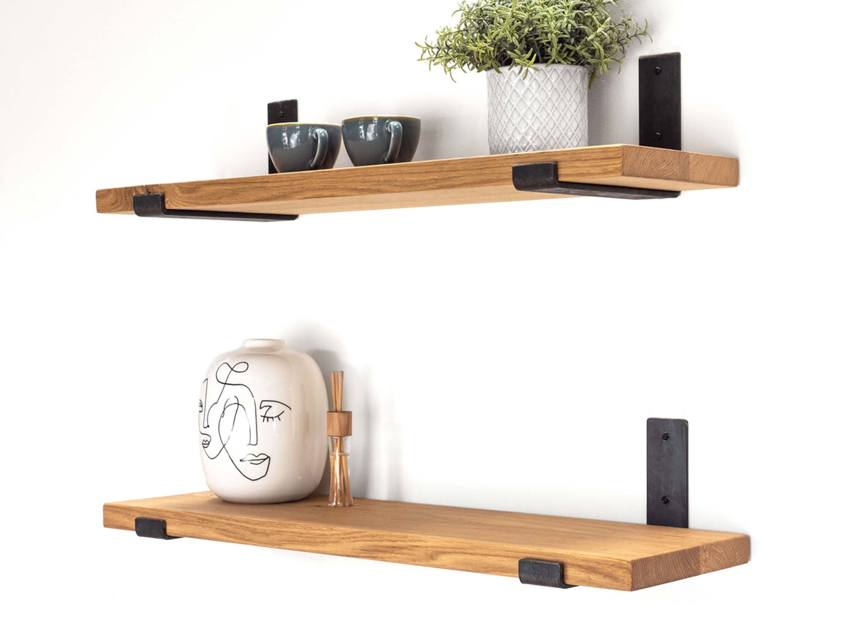 Solid Oak Shelf with Inverted Steel Brackets 22cm Deep | Rustic Oak Shelf