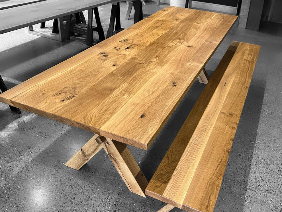 Solid Oak Cross Leg Dining Table - 200cm / No / Live Edge - Traditional ...